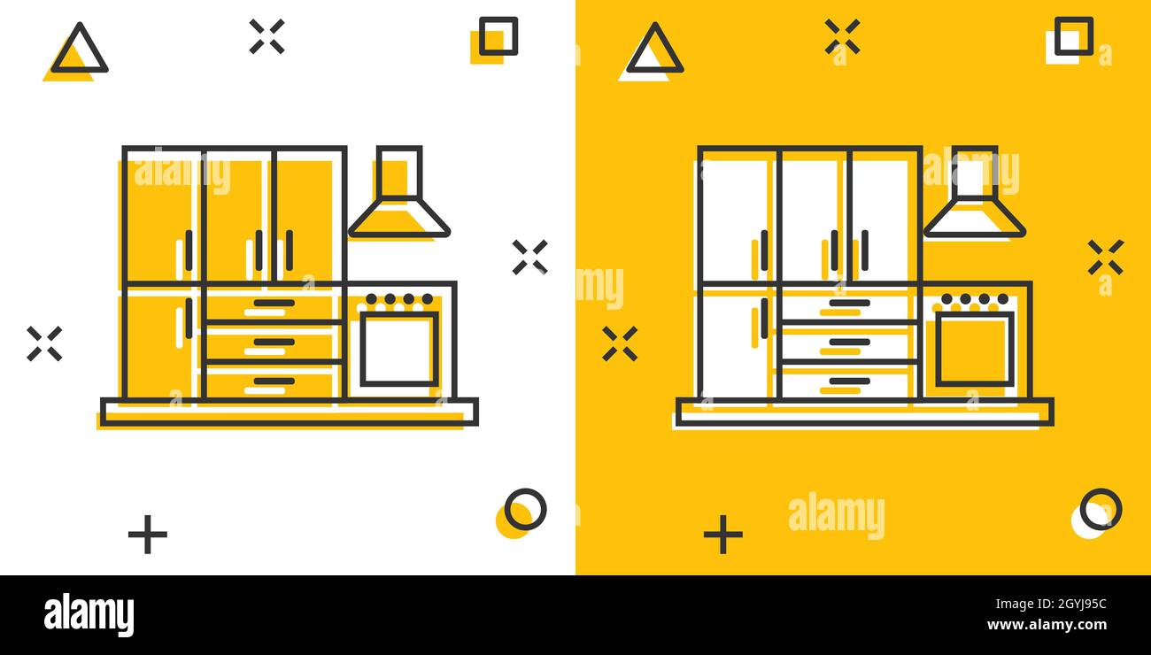 Kitchen furniture icon in comic style. Cuisine cartoon vector ...