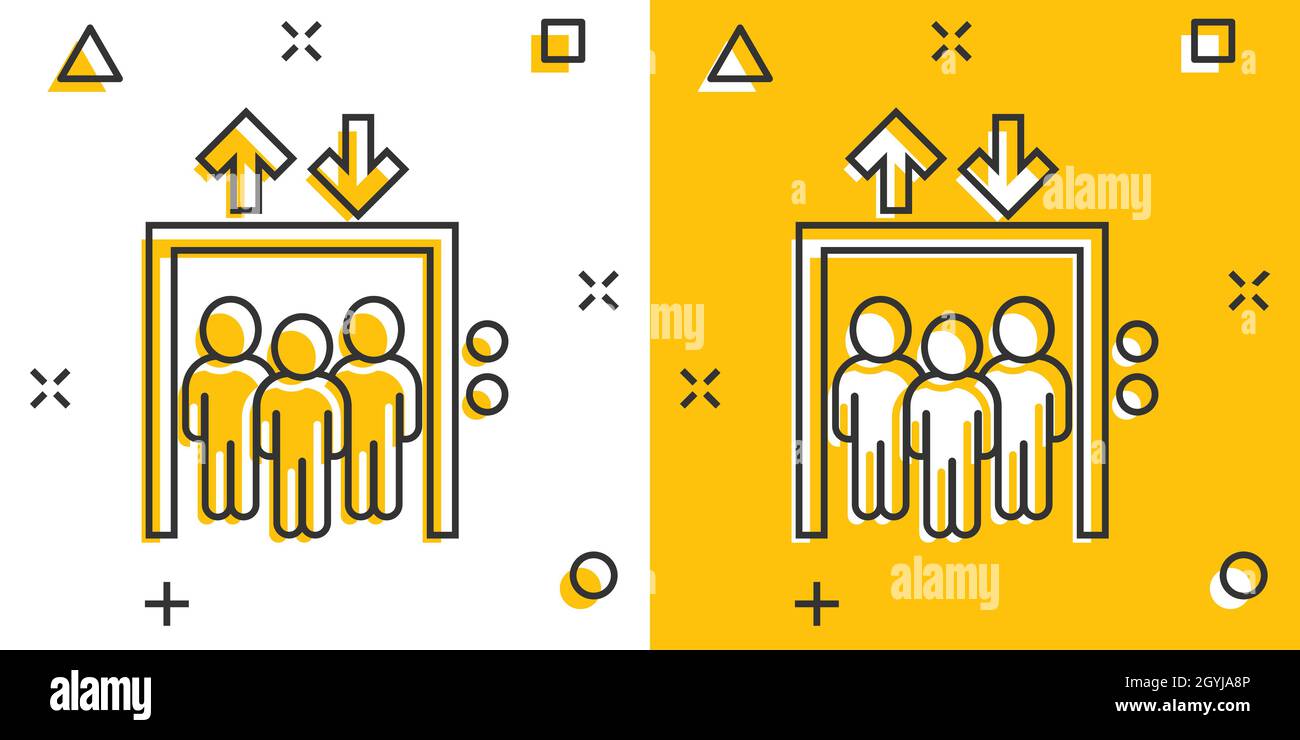 Elevator icon in comic style. Lift cartoon vector illustration on white ...