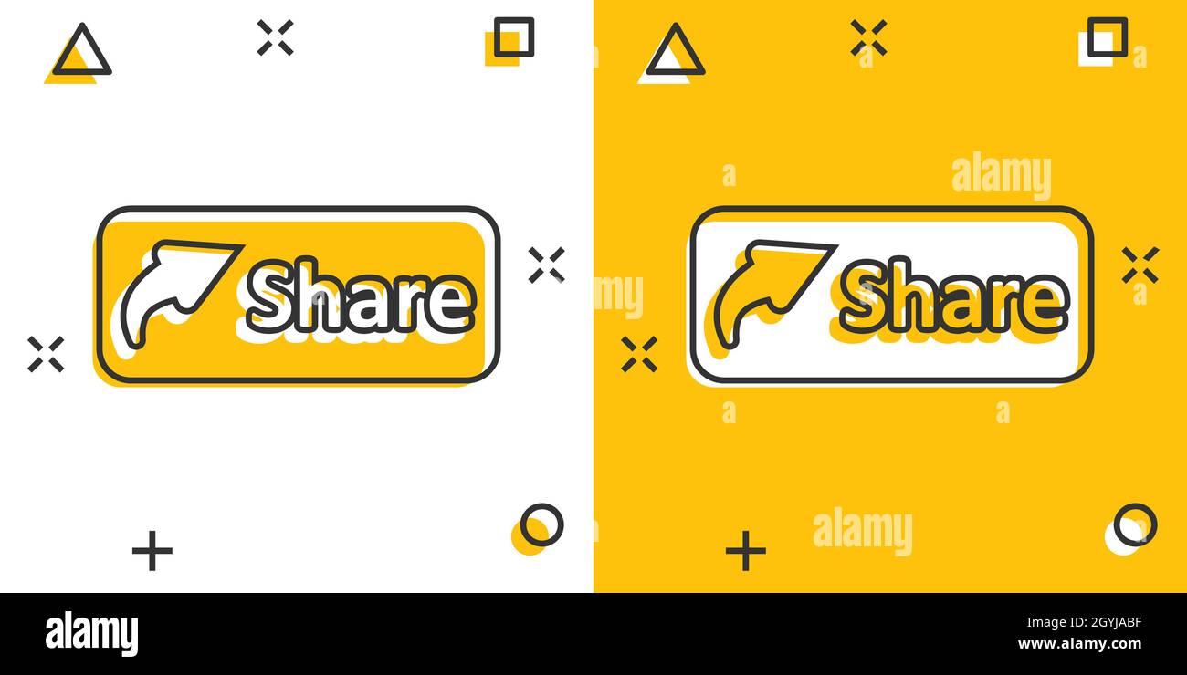 Share button icon in comic style. Arrow cartoon sign vector ...