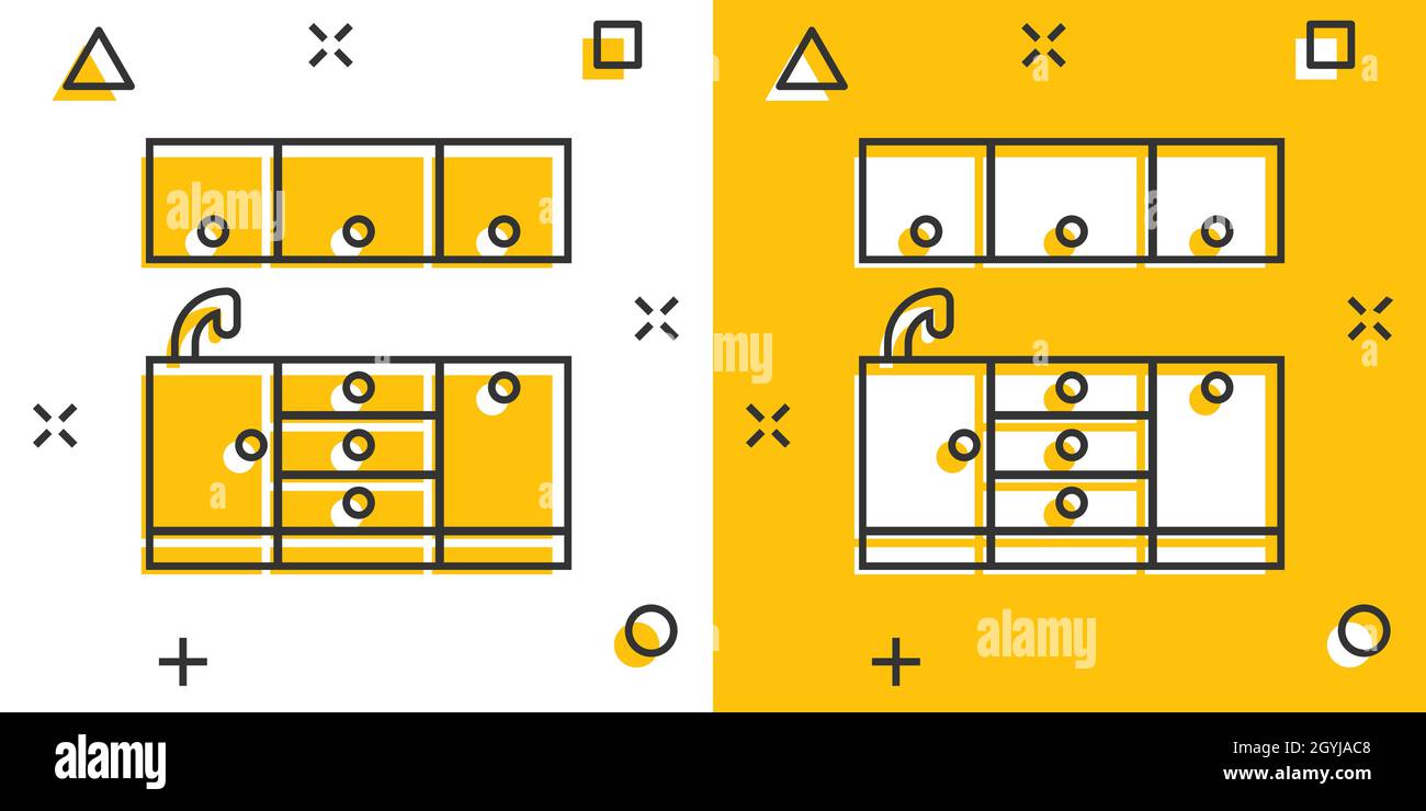 Kitchen furniture icon in comic style. Cuisine cartoon vector ...