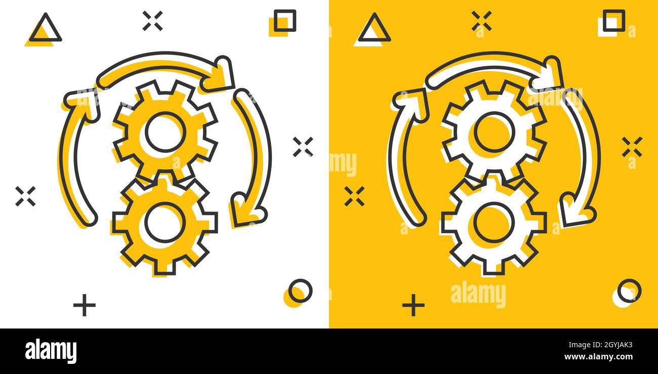 Workflow icon in comic style. Gear effective cartoon vector ...