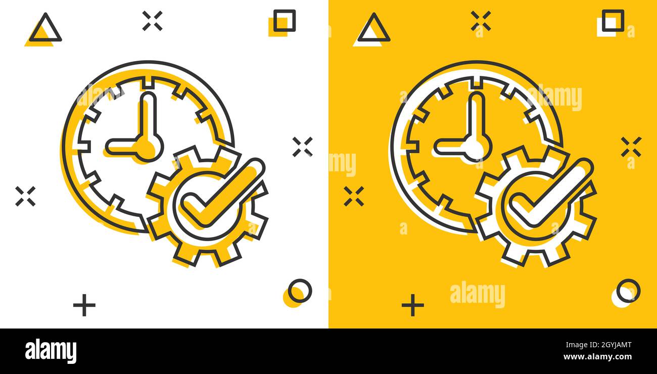 Check mark on clock icon in comic style. Gear with time cartoon vector ...