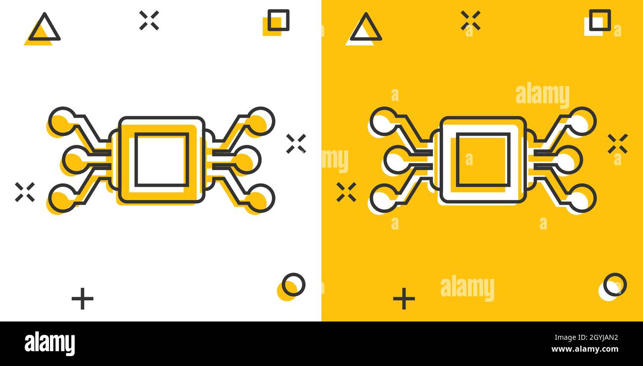 Computer chip icon in comic style. Circuit board cartoon vector ...