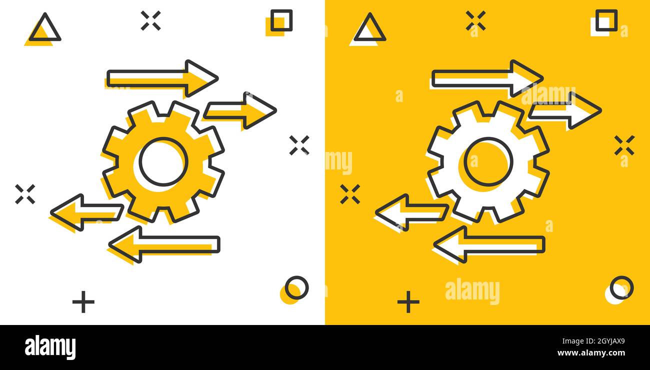 Process icon in comic style. Arrow and gear cartoon vector illustration ...