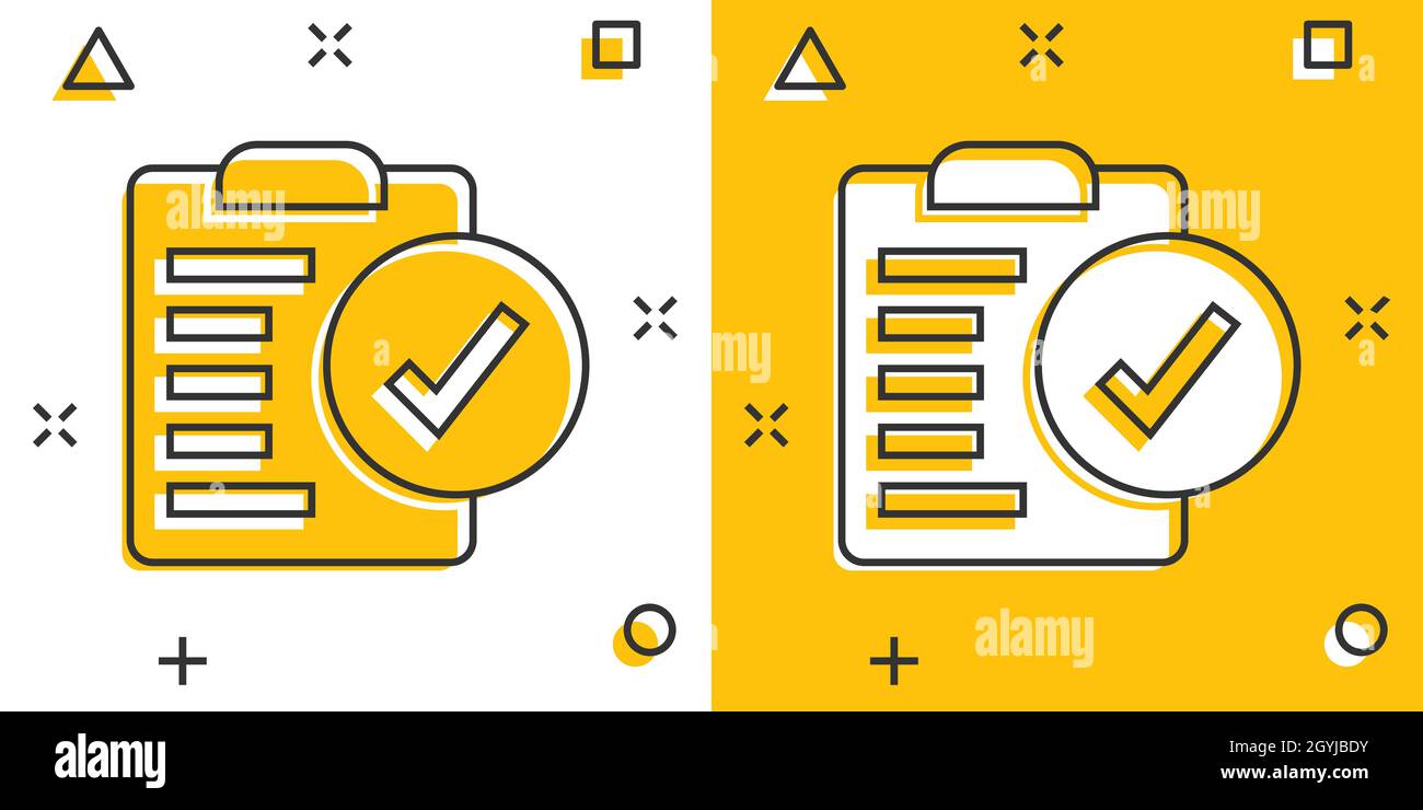 Document checkbox icon in comic style. Test cartoon vector illustration ...