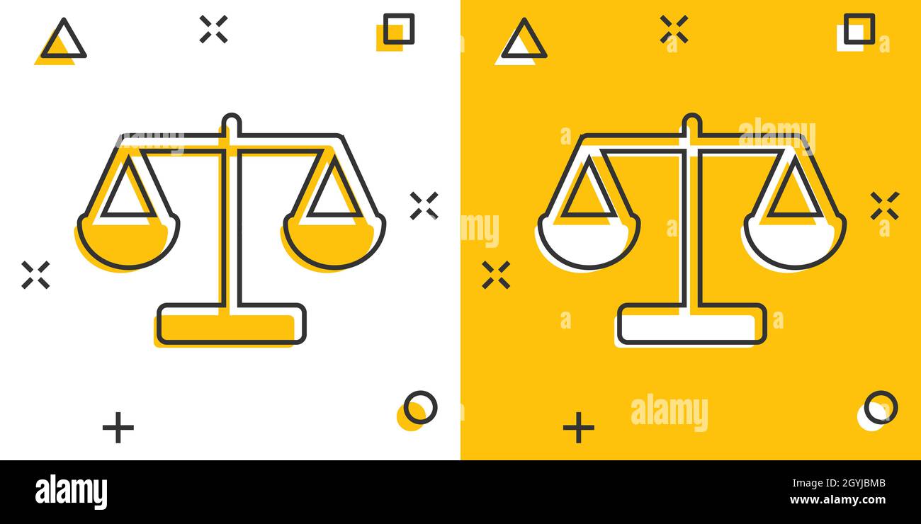 Scale balance icon in comic style. Justice cartoon vector illustration ...