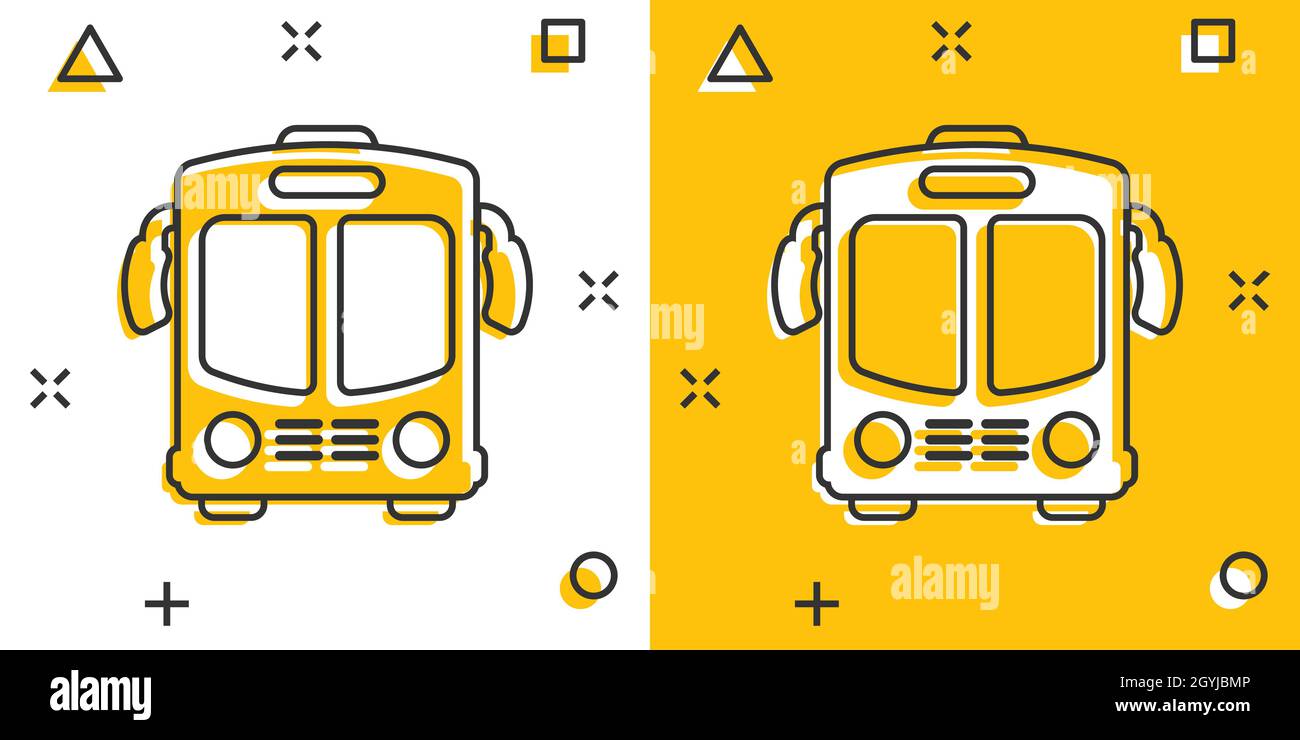 Bus icon in comic style. Coach car cartoon vector illustration on white ...