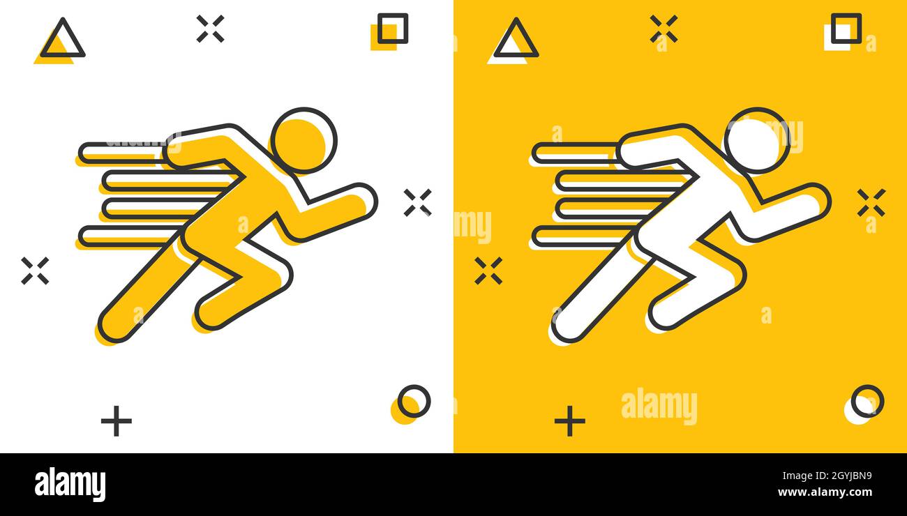 Run people icon in comic style. Jump cartoon vector illustration on ...
