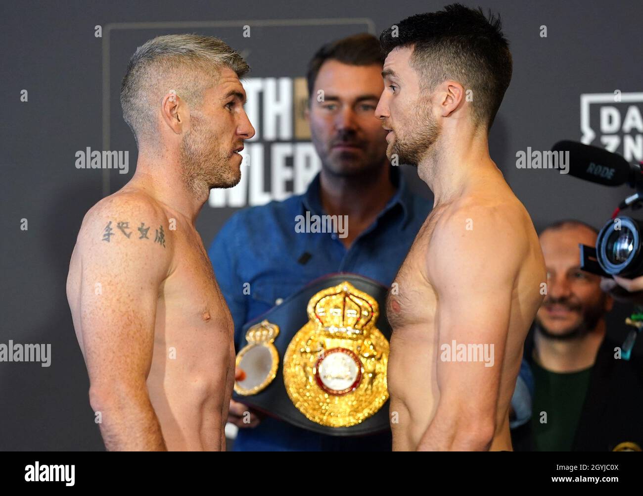 Liam Smith, Eddie Hearn and Anthony Fowler during a public weigh-in at ...