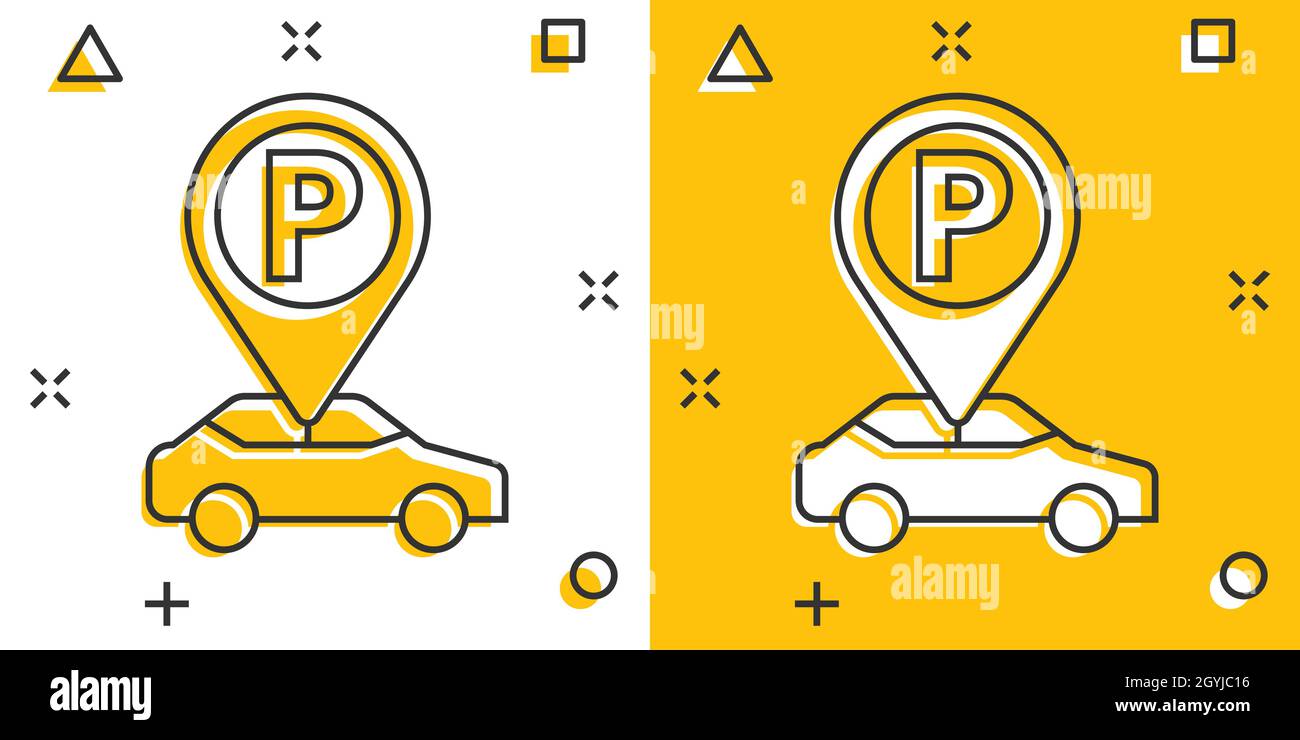 Car parking icon in comic style. Auto stand cartoon vector illustration ...
