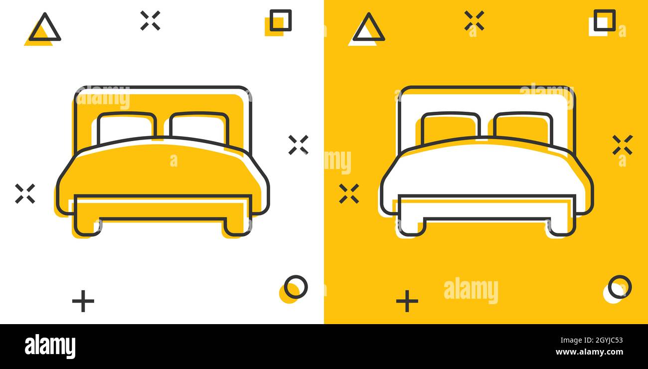 Bed icon in comic style. Bedroom cartoon sign vector illustration on ...