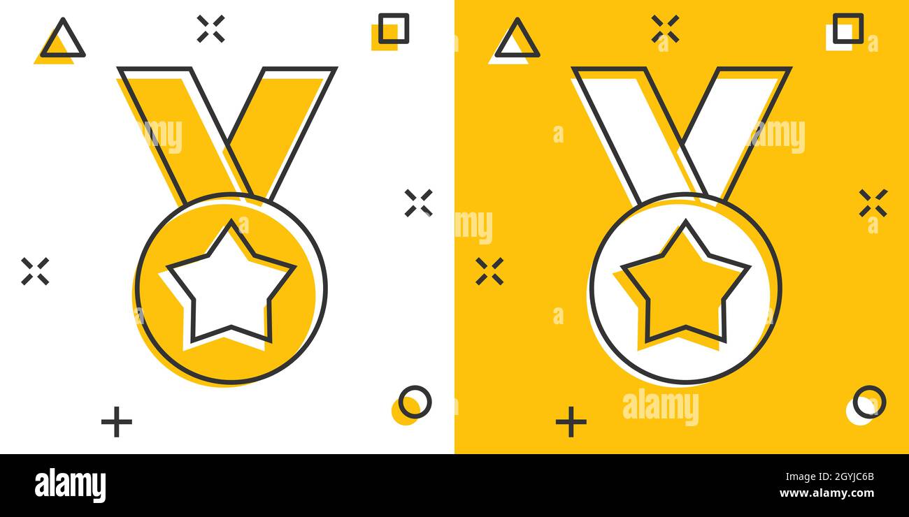 Medal icon in comic style. Prize cartoon sign vector illustration on ...