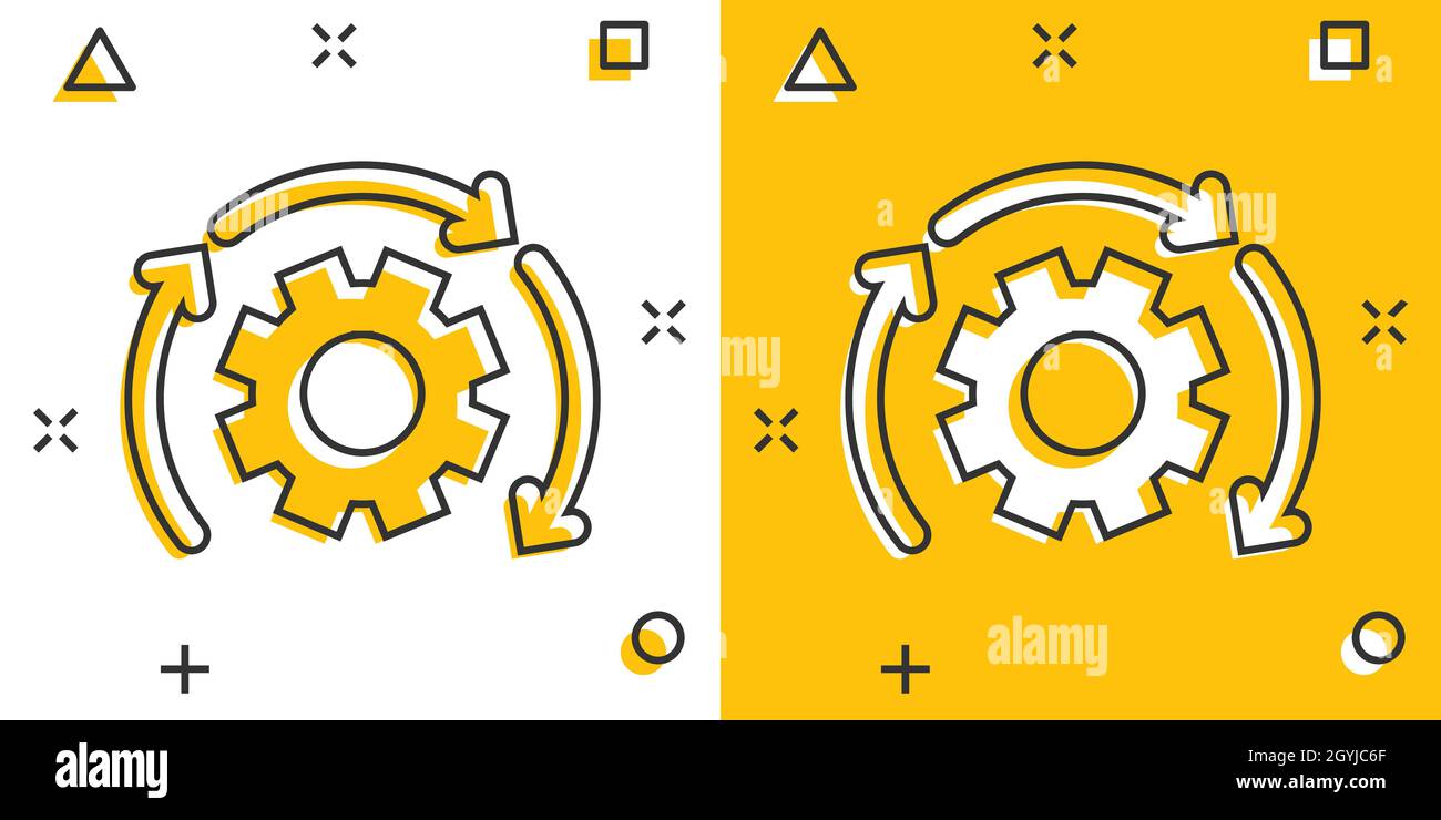 Workflow icon in comic style. Gear effective cartoon vector ...