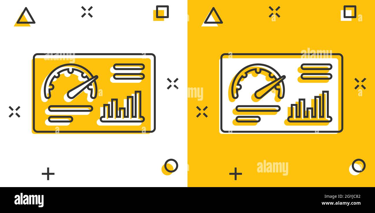 Dashboard icon in comic style. Finance analyzer cartoon vector ...