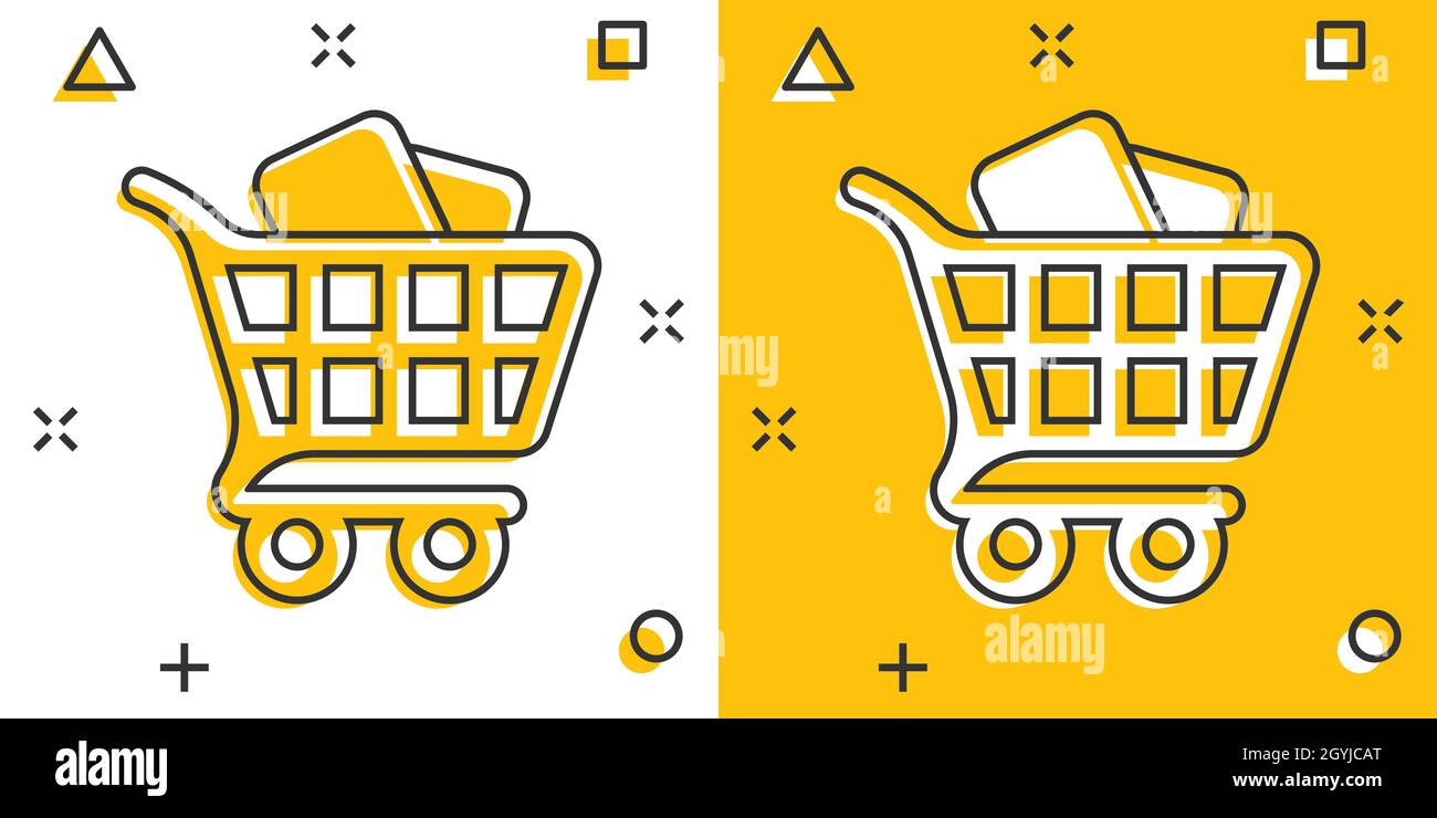 Shopping cart icon in comic style. Trolley cartoon vector illustration ...