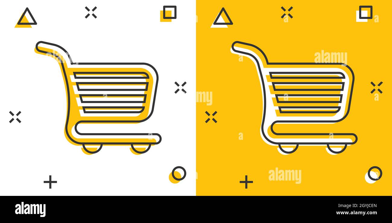 Shopping cart icon in comic style. Trolley cartoon vector illustration ...