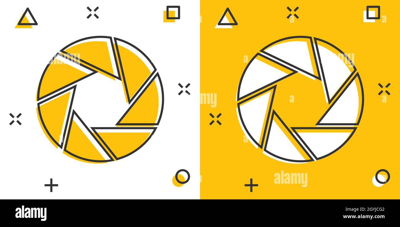 Camera diaphragm icon in comic style. Lens cartoon sign vector ...