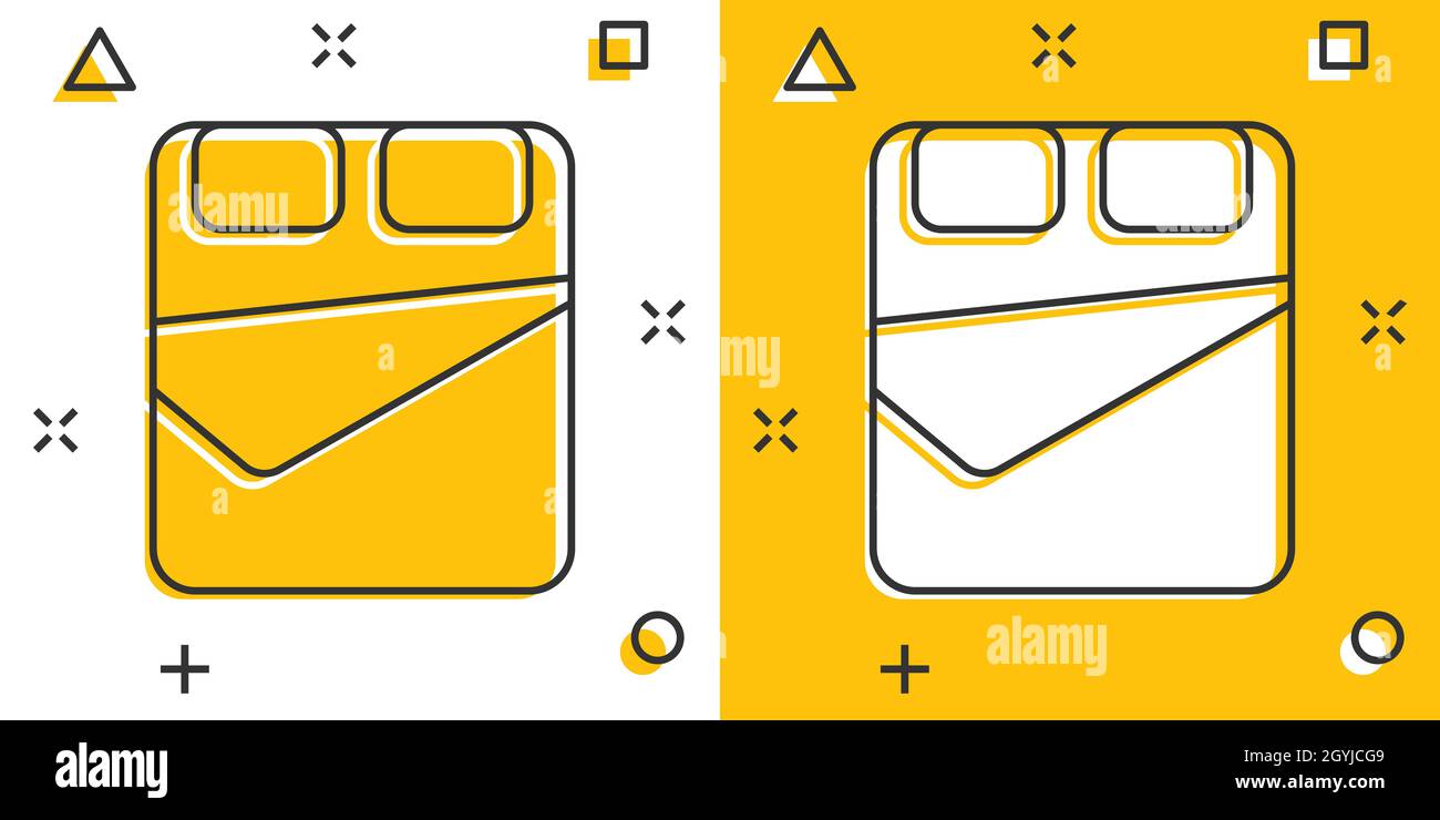 Bed icon in comic style. Bedroom cartoon sign vector illustration on ...