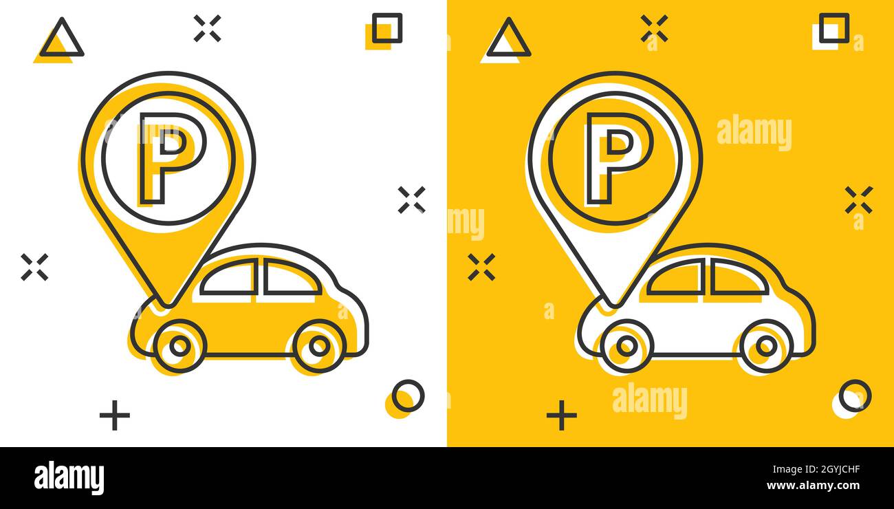 Car parking icon in comic style. Auto stand cartoon vector illustration ...