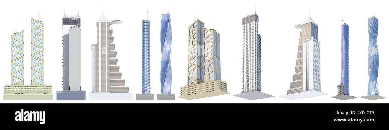 Set of highly detailed high tech tall buildings with fictional design ...