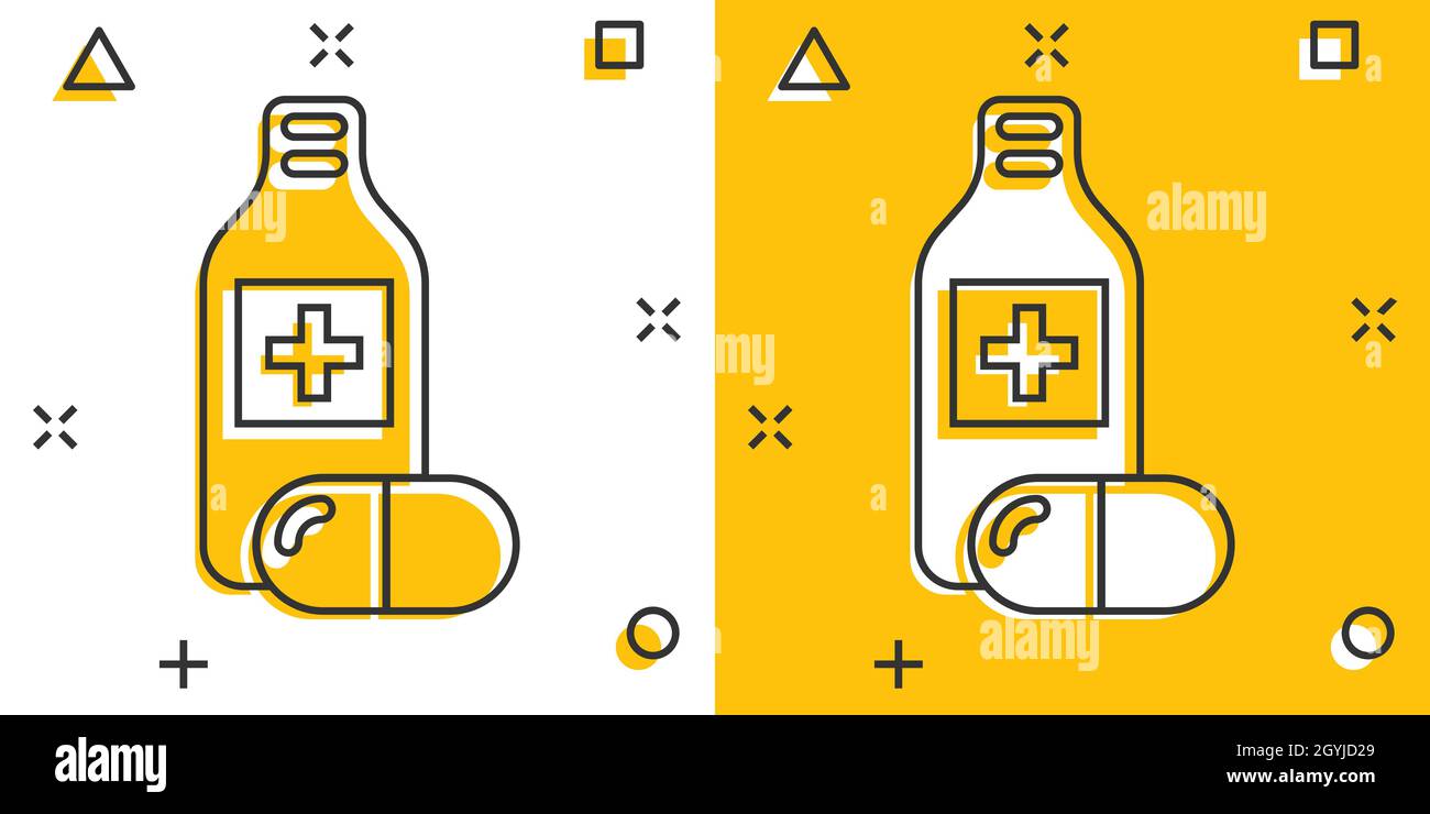 Pill bottle icon in comic style. Drugs cartoon vector illustration on ...