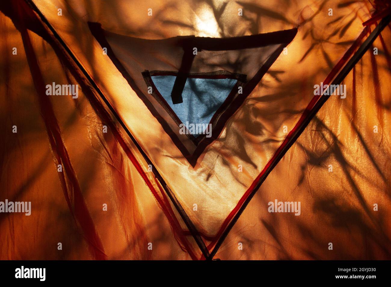 Closeup shot inside an orange camping tent, trees reflection, and light ...