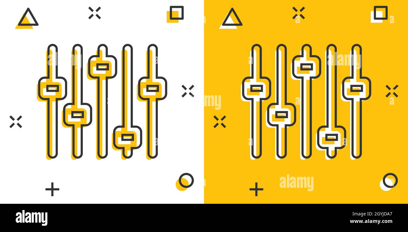 Control volume icon in comic style. Audio adjusting cartoon sign vector ...