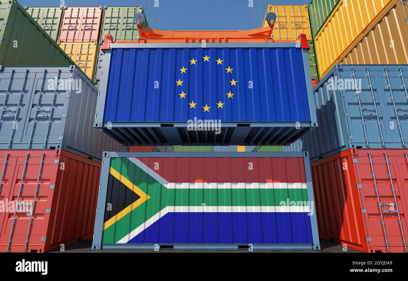 Freight containers with European Union and South Africa flags. 3D ...