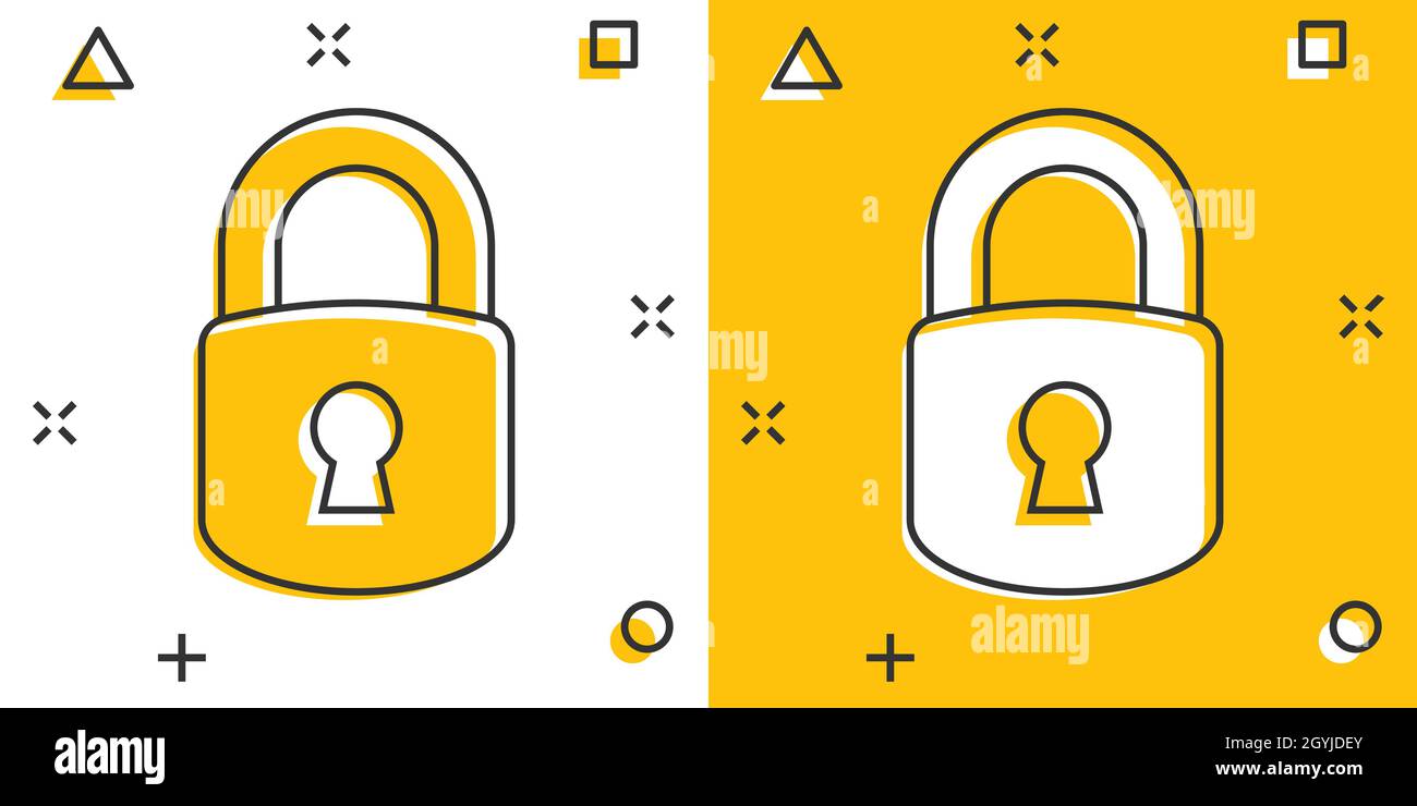 Padlock icon in comic style. Lock cartoon vector illustration on white ...