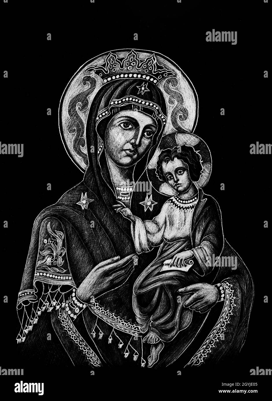 Mother Mary With Baby Jesus Black And White