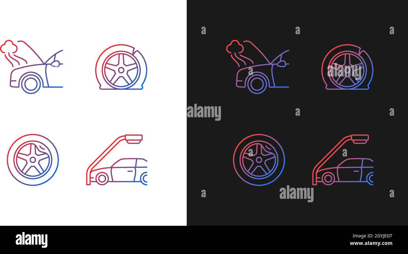 Vehicle damage in car accident cases gradient icons set for dark and ...