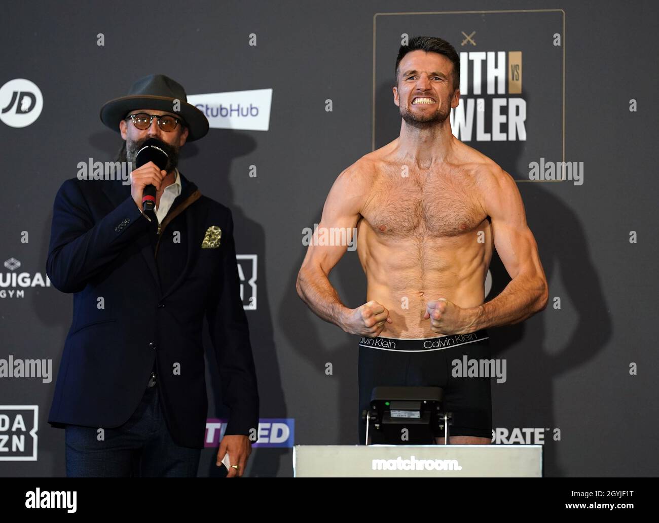 Anthony Fowler (right) during a public weigh-in at the Hilton Liverpool ...