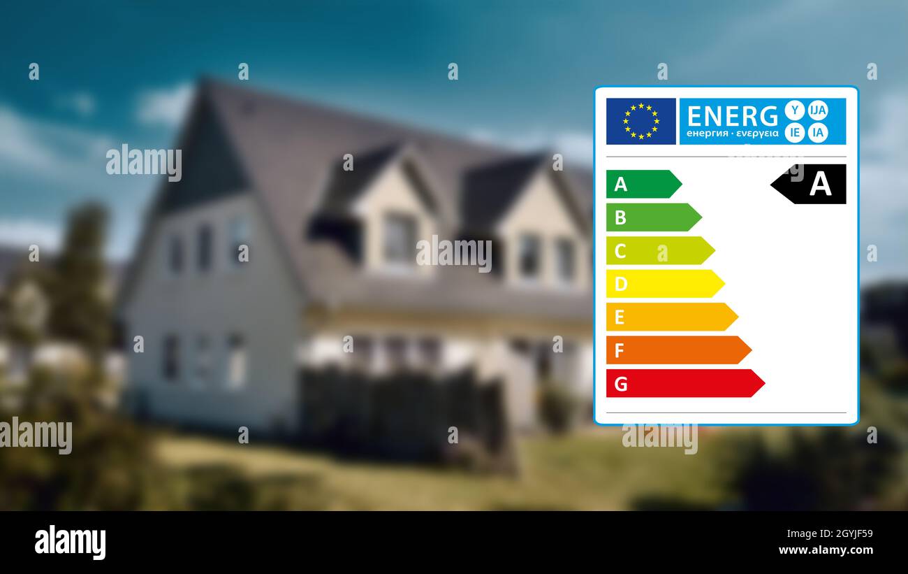 EU energy label graphic in front of home or family house as consumption ...