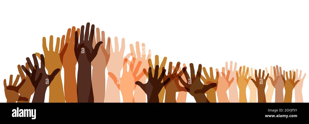 Panorama banner with many diverse rising hands as a society concept ...