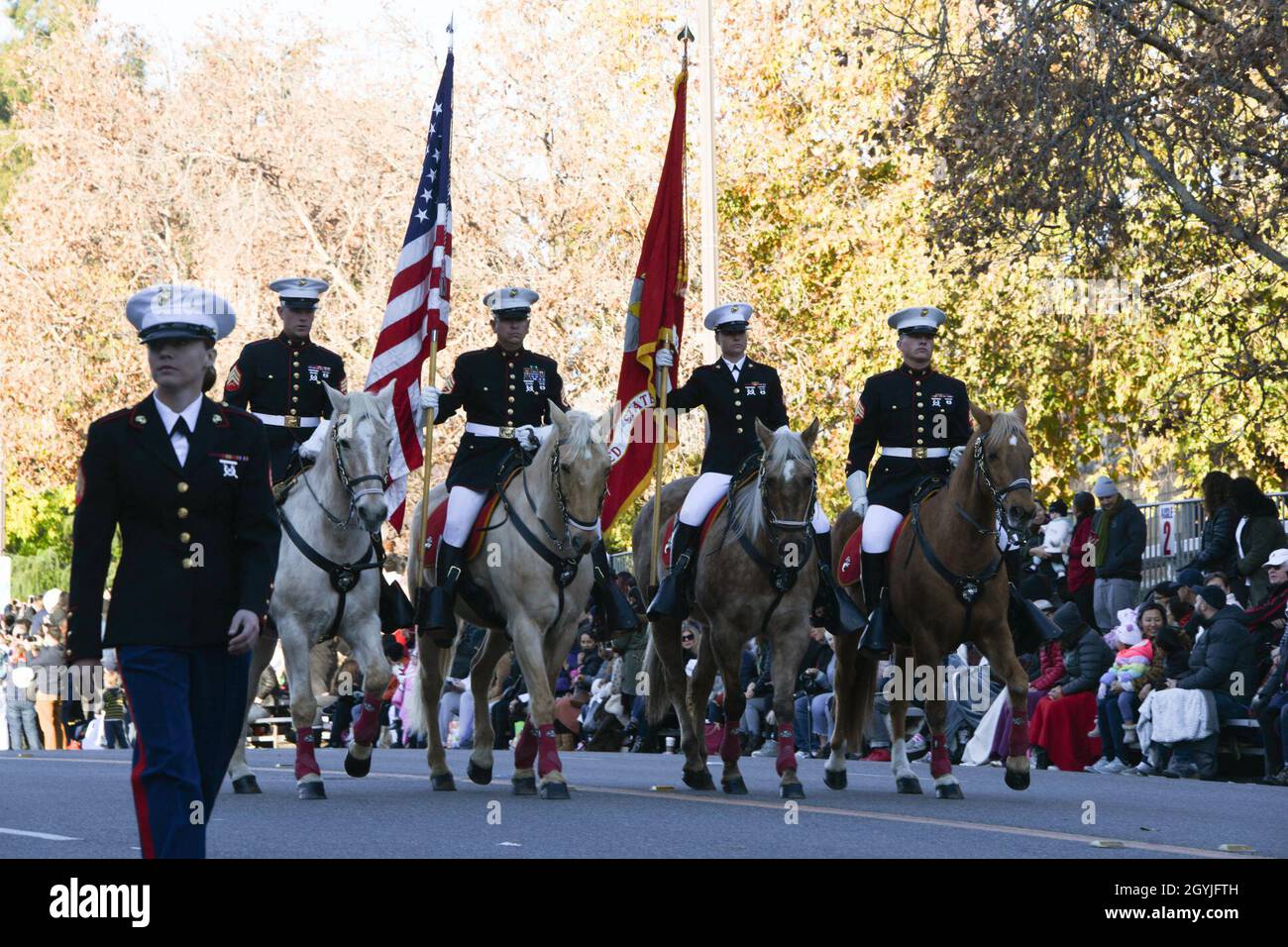 The Marine Corps Mounted Color Guard pass through the streets of ...