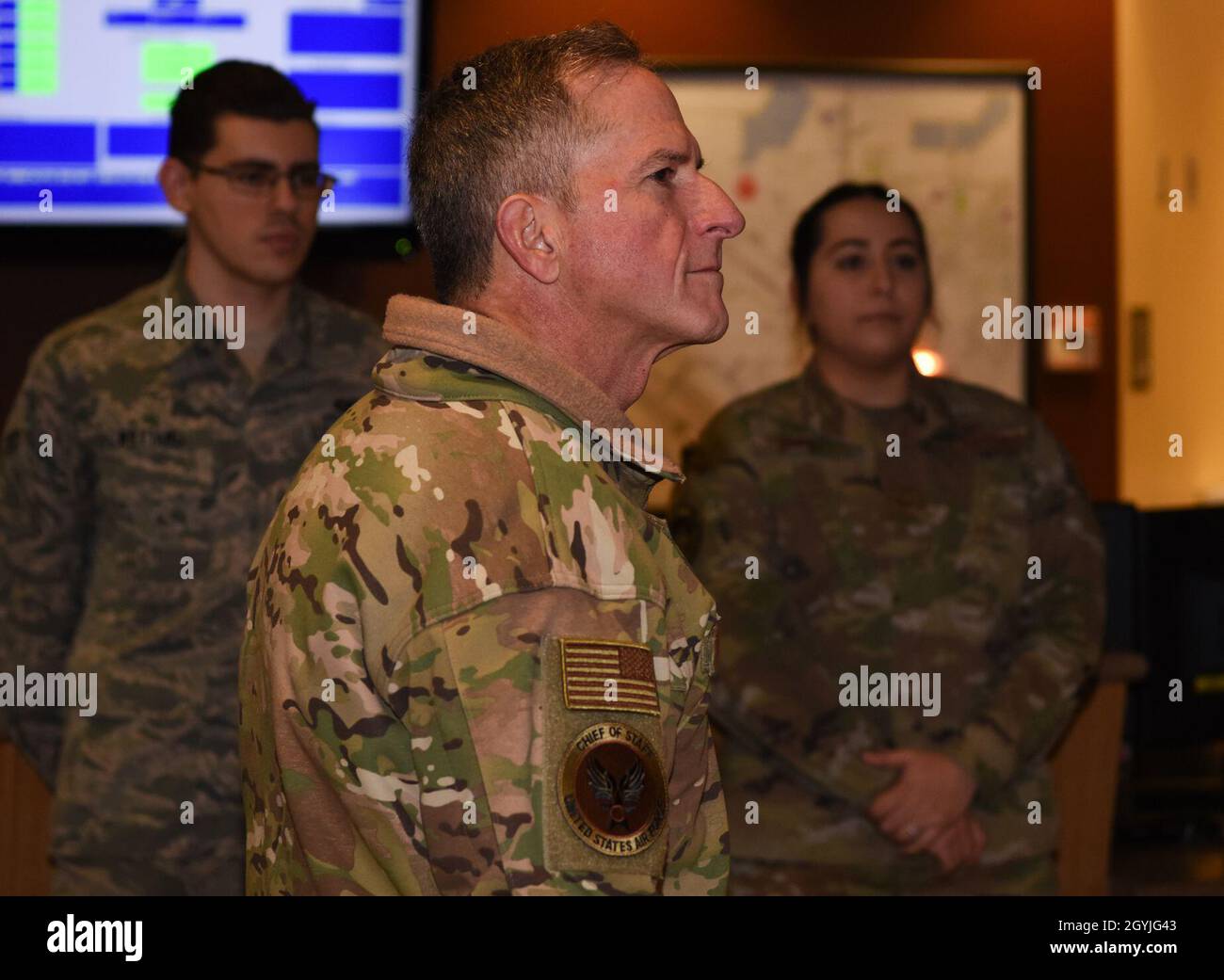 Gen. David Goldfein, Chief of Staff of the Air Force, speaks with 5th Operations Support ...
