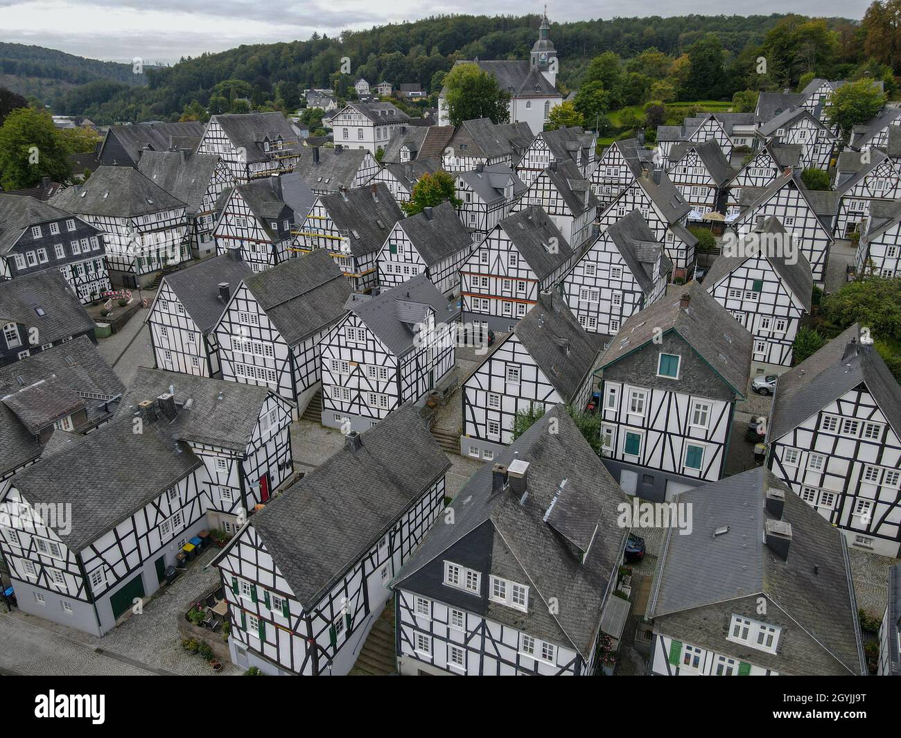 Drone view at the tranditional village of Freudenburg on Germany Stock ...