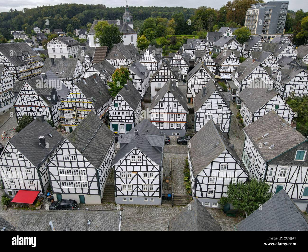 Drone view at the tranditional village of Freudenburg on Germany Stock ...