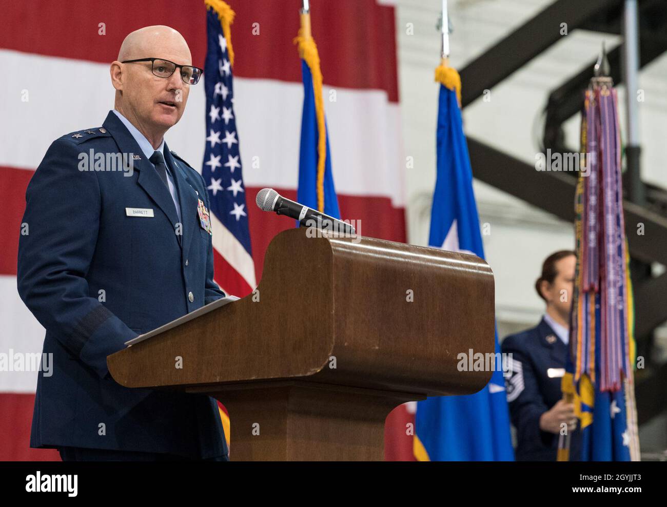 Maj. Gen. Sam C. Barrett, 18th Air Force commander, speaks to Team ...