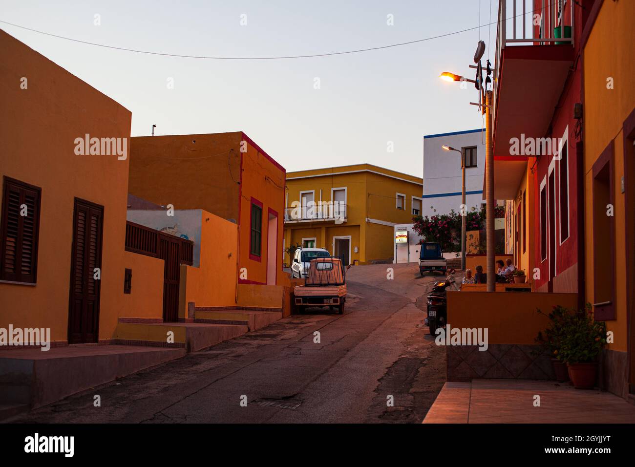 Linosa, Italy - July, 28: View of typical houses of Linosa at sunset on ...