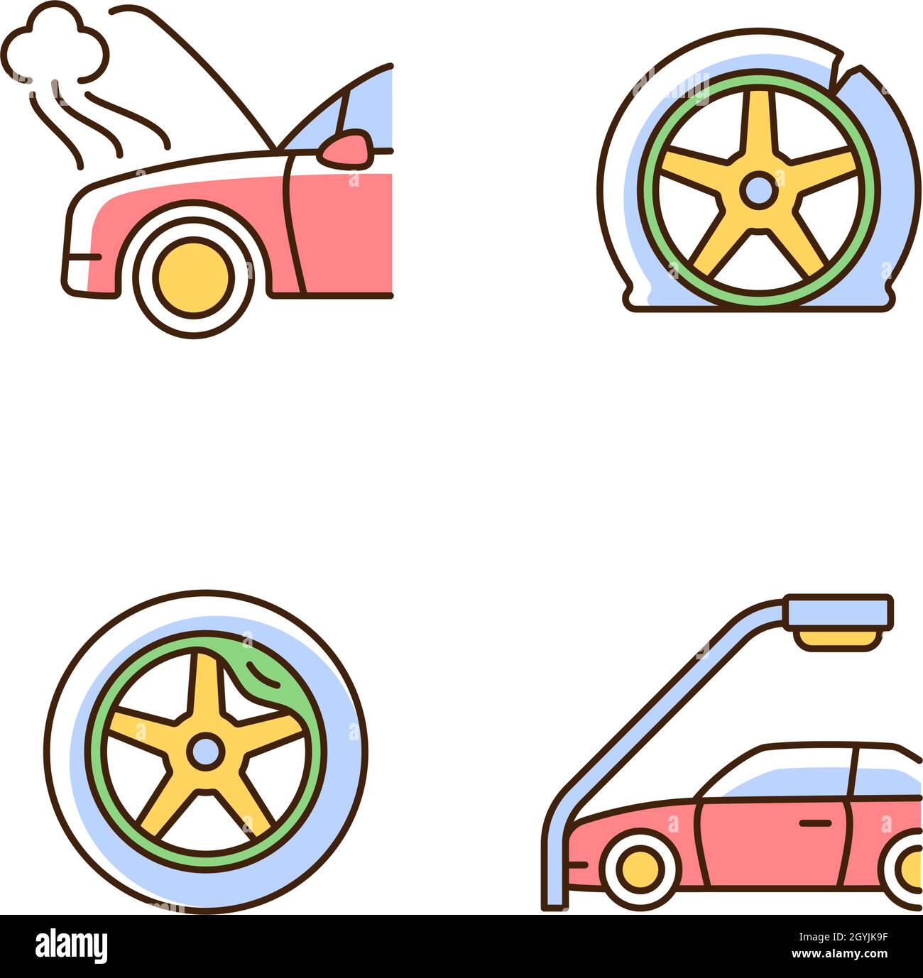 Vehicle damage in car accident cases RGB color icons set Stock Vector ...