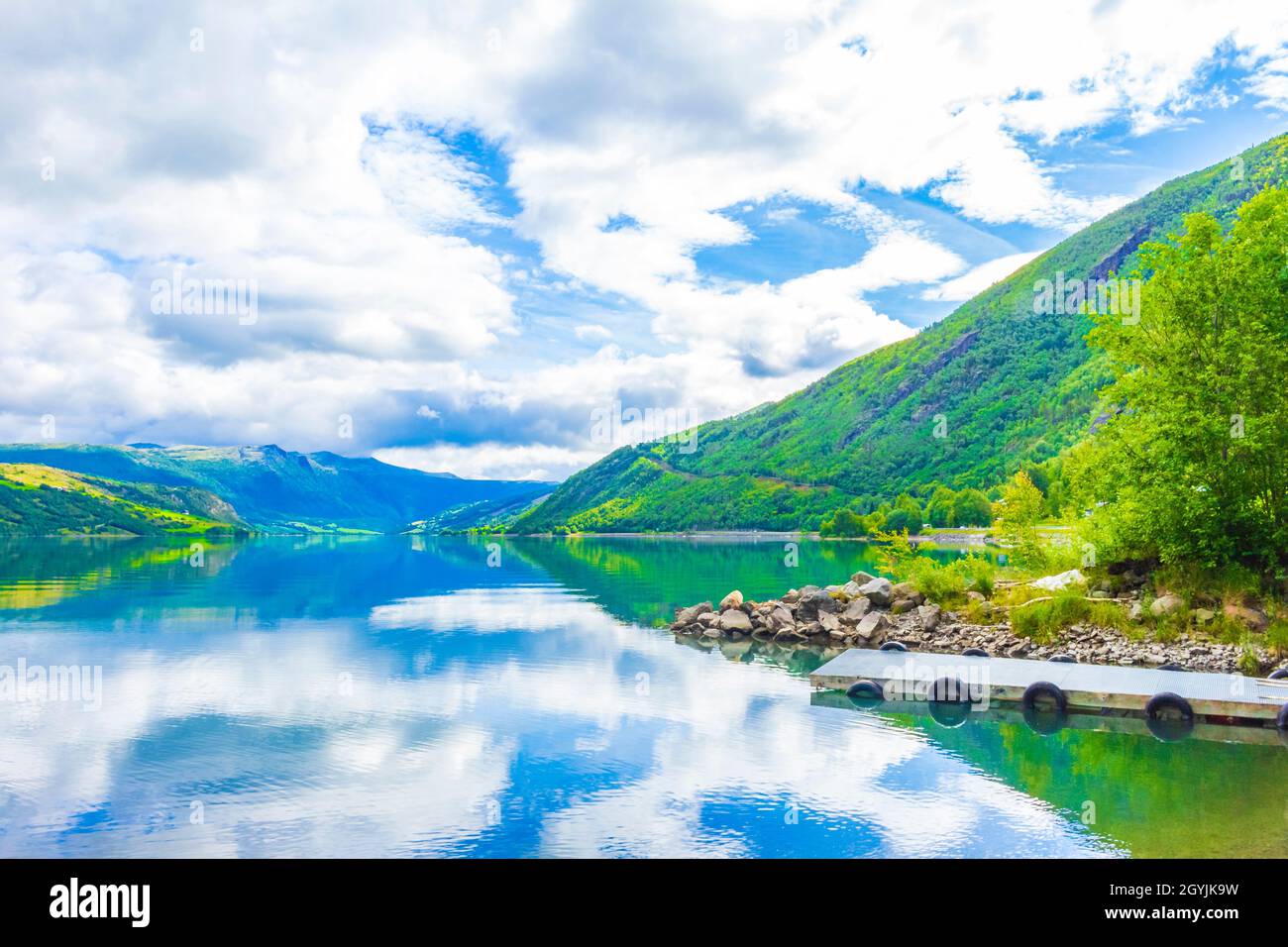 Amazing incredible norwegian landscape with colorful mountains fjord ...