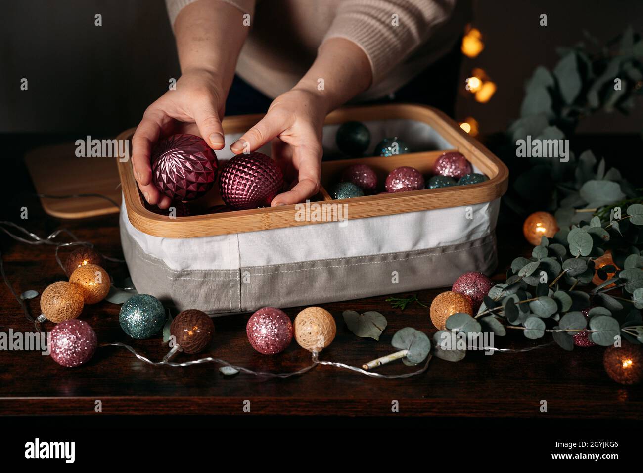 Christmas decorations in a box Stock Photo - Alamy