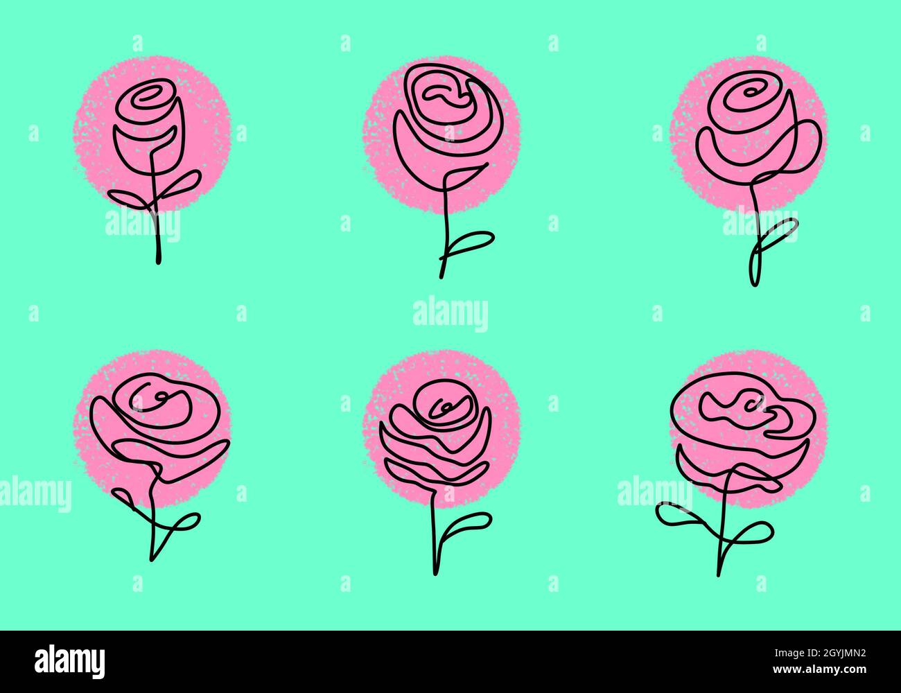 A set of 6 different roses drawn with one line on a green background ...