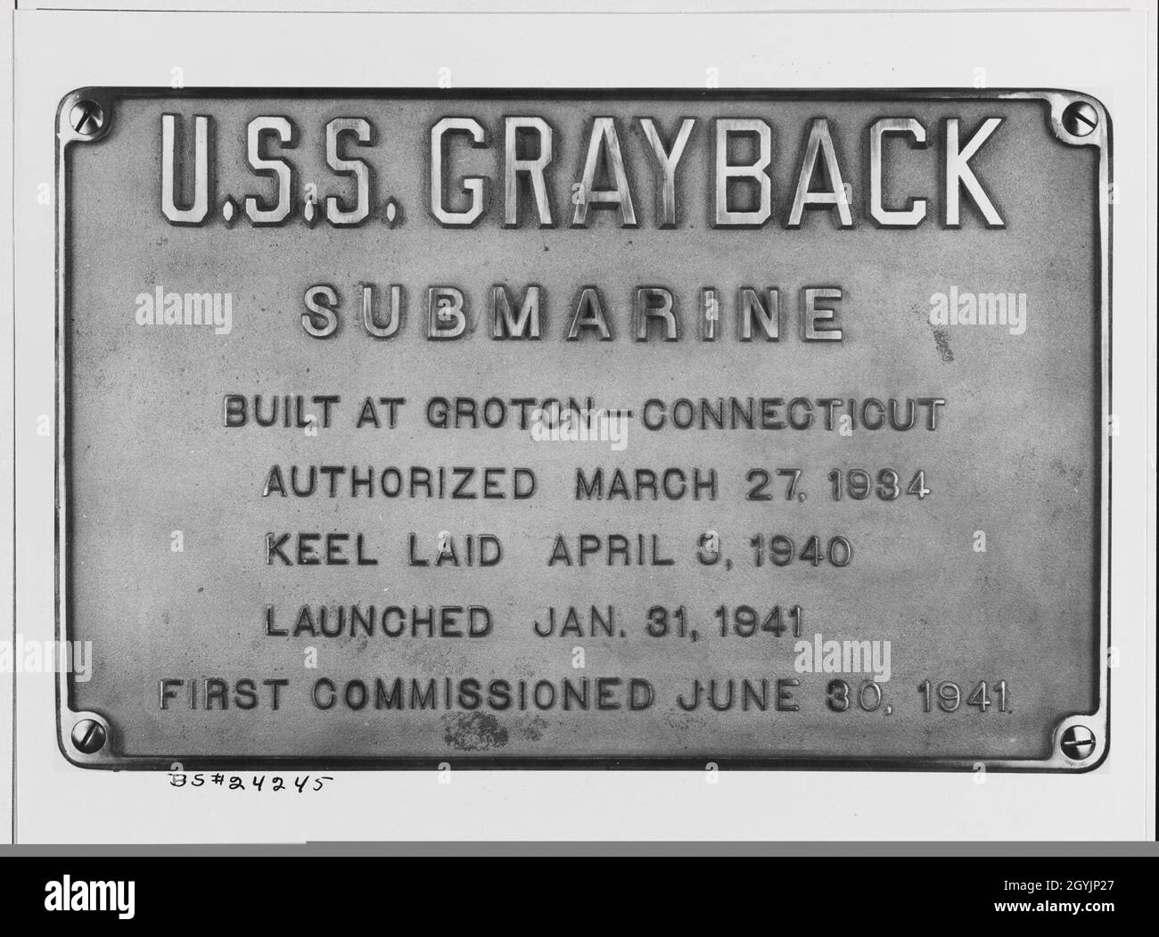 The USS Grayback's data plaque, photographed in 1941. Naval History and ...