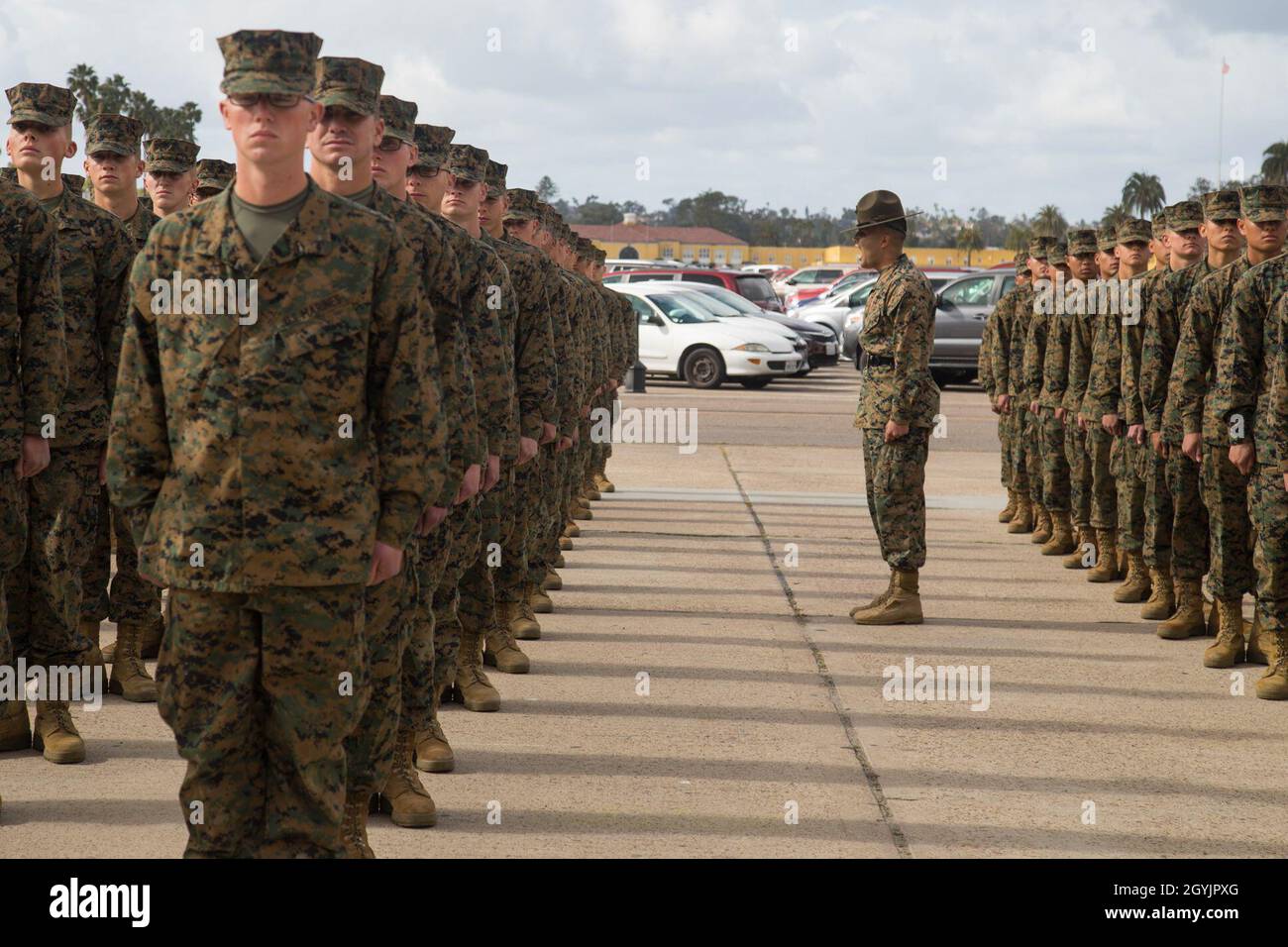 Marines from Golf Company, 2nd Recruit Training Battalion, stand in ...