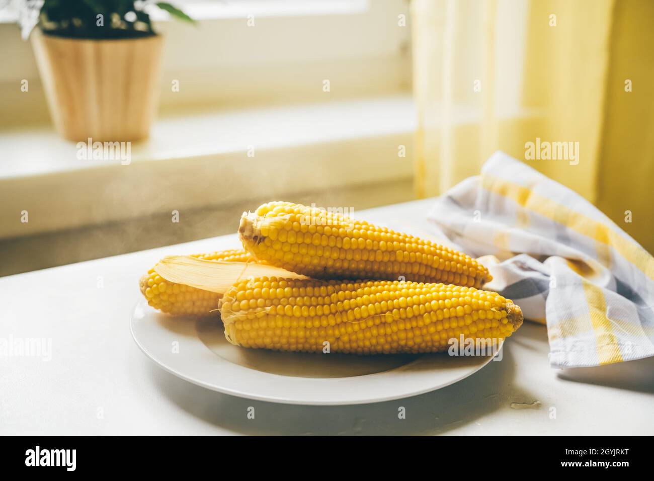 Hot freshly cooked hot corn cobs in a plate Stock Photo - Alamy