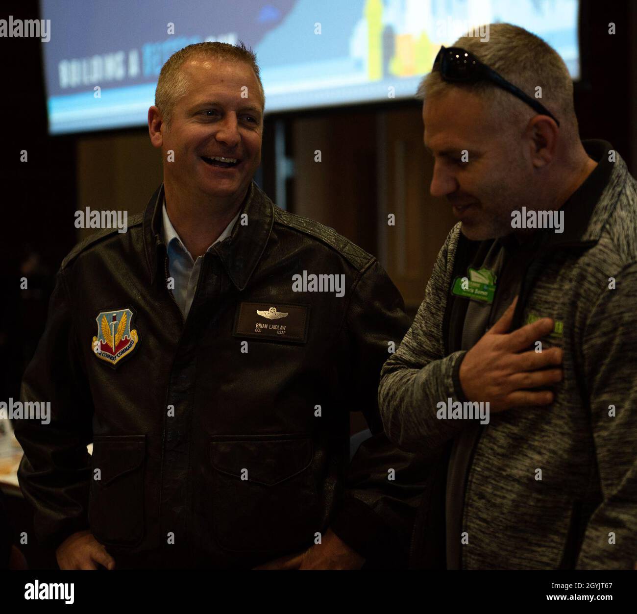 U.S. Air Force Col. Brian Laidlaw, 325th Fighter Wing commander, laughs ...