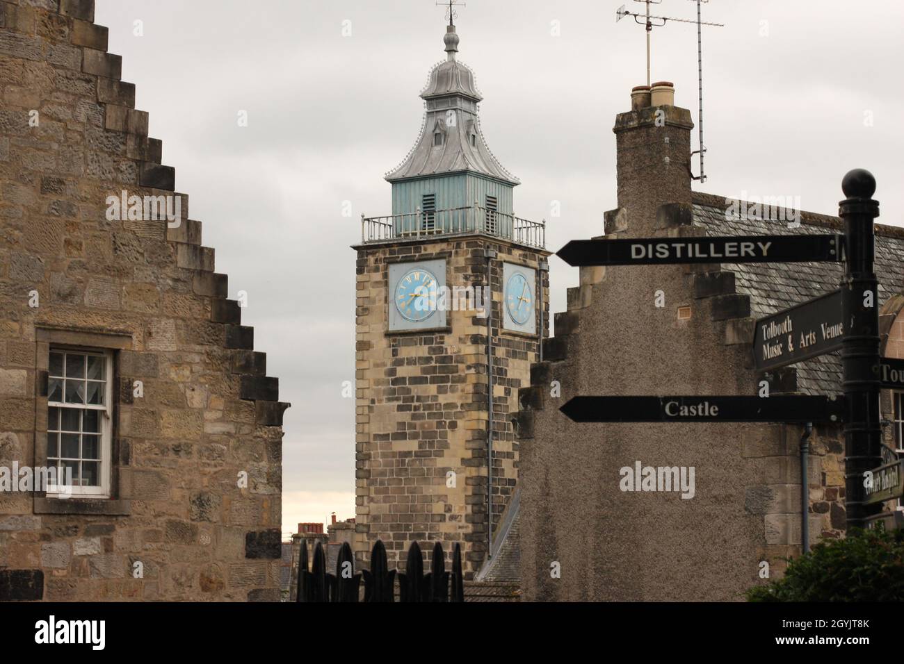 Clock tower and signpost, Stirling, Scotland, UK Stock Photo - Alamy
