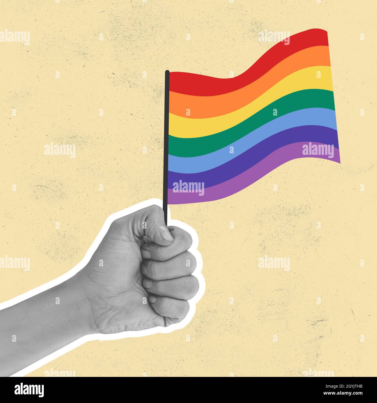 Hand holding rainbow LGBT flag against light background, artwork ...
